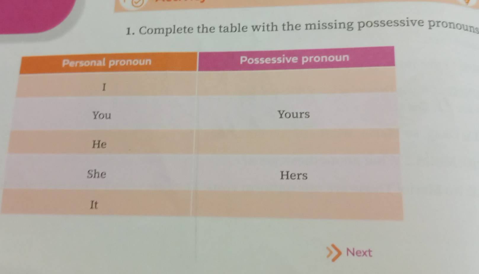 Resuelto:Complete the table with the missing possessive pronouns Next
