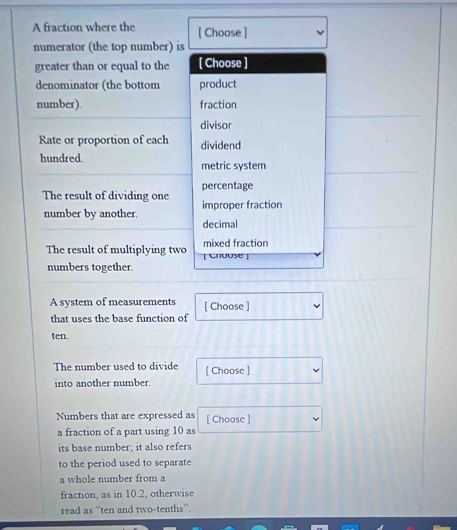 Solved: A fraction where the [ Choose ] numerator (the top number) is ...