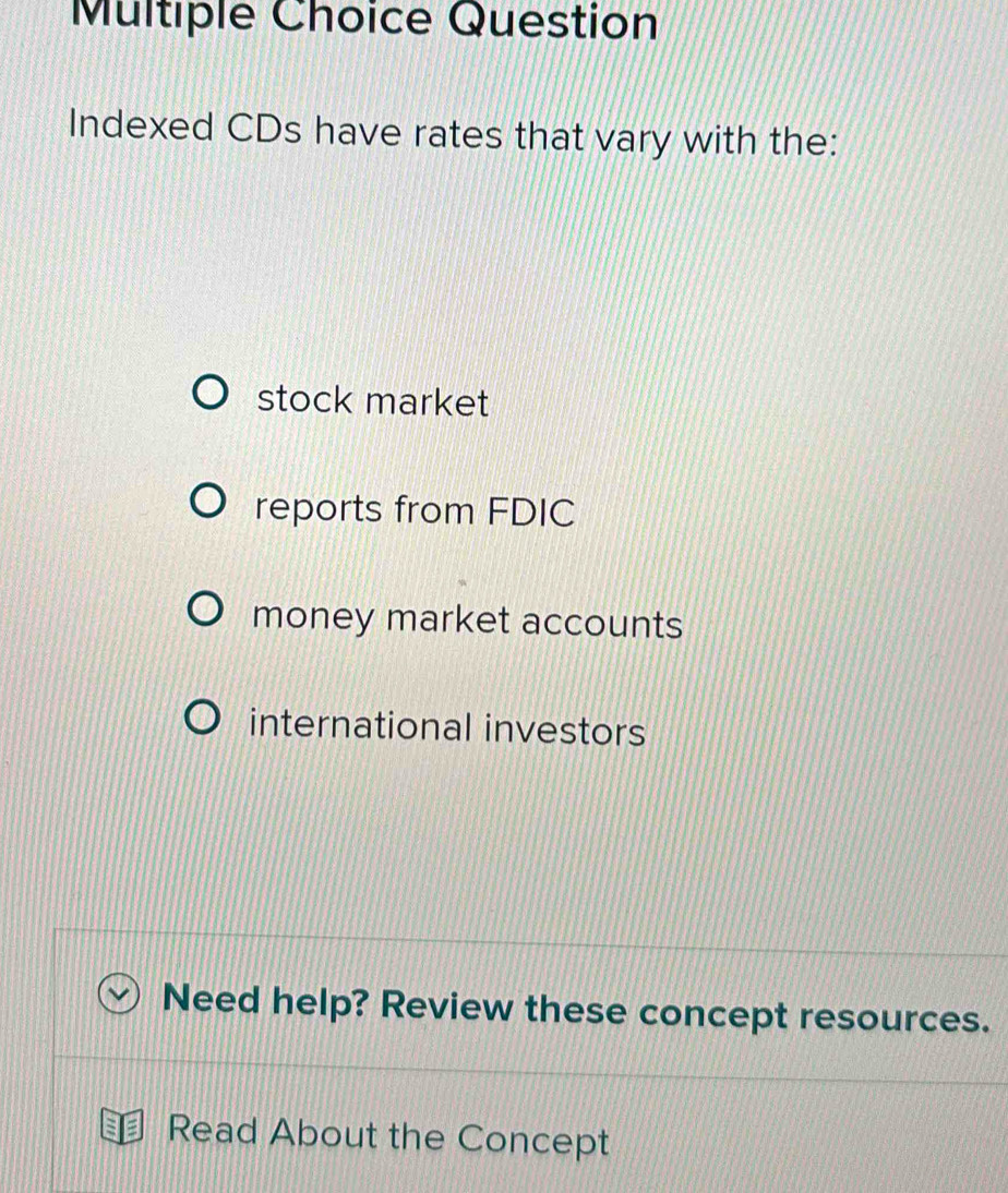 Solved: Question Indexed CDs have rates that vary with the: stock ...