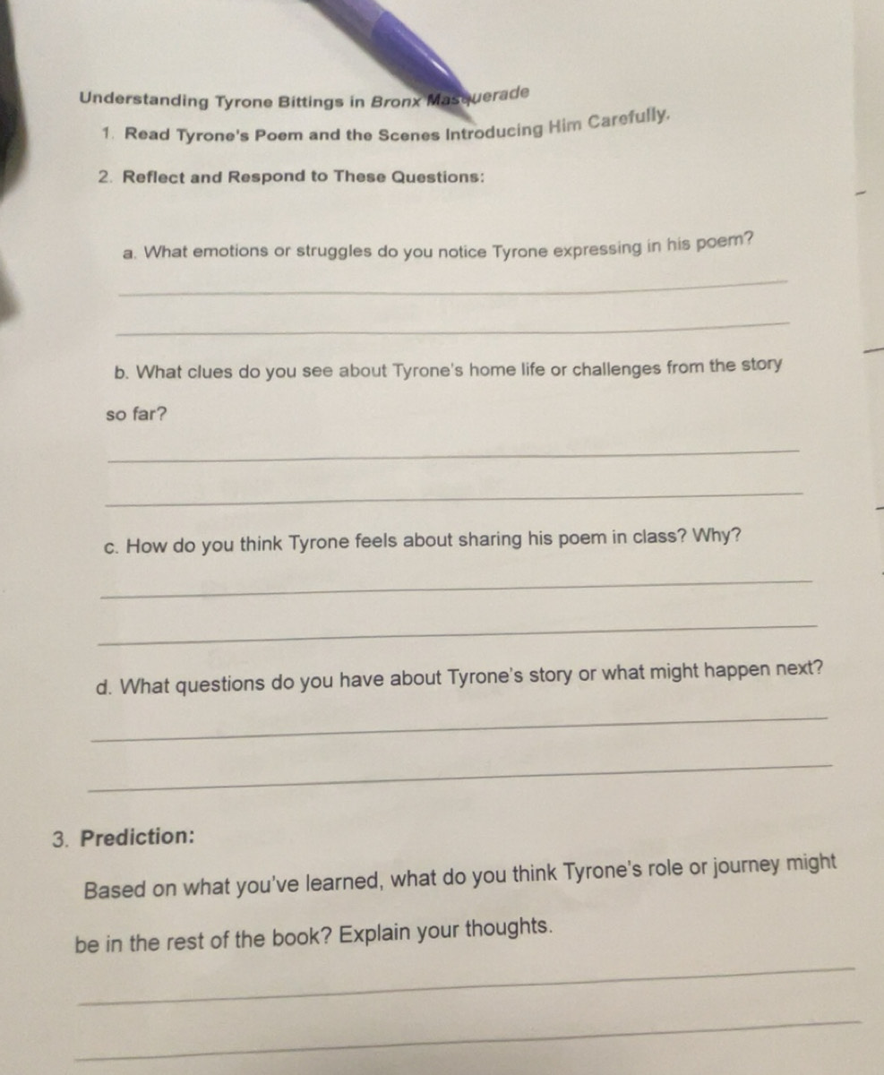 Solved: Understanding Tyrone Bittings in Bronx Masquerade 1. Read ...