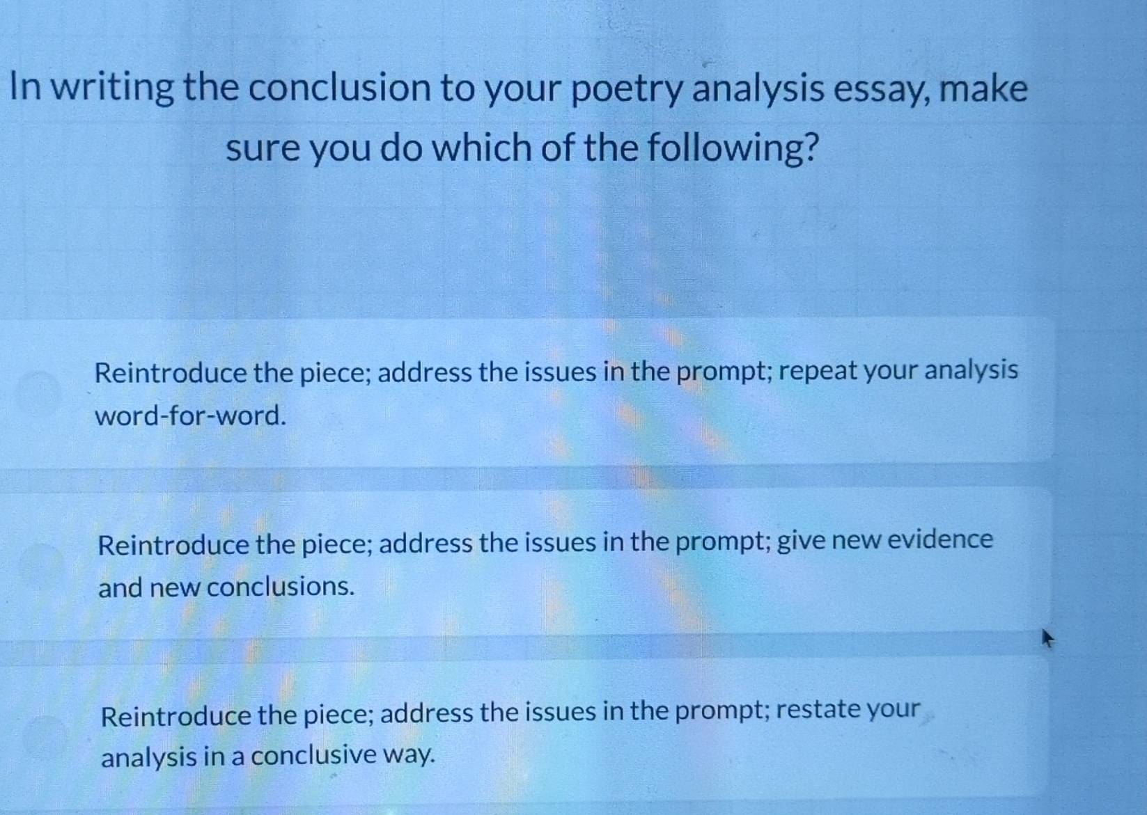 Solved: In writing the conclusion to your poetry analysis essay, make ...