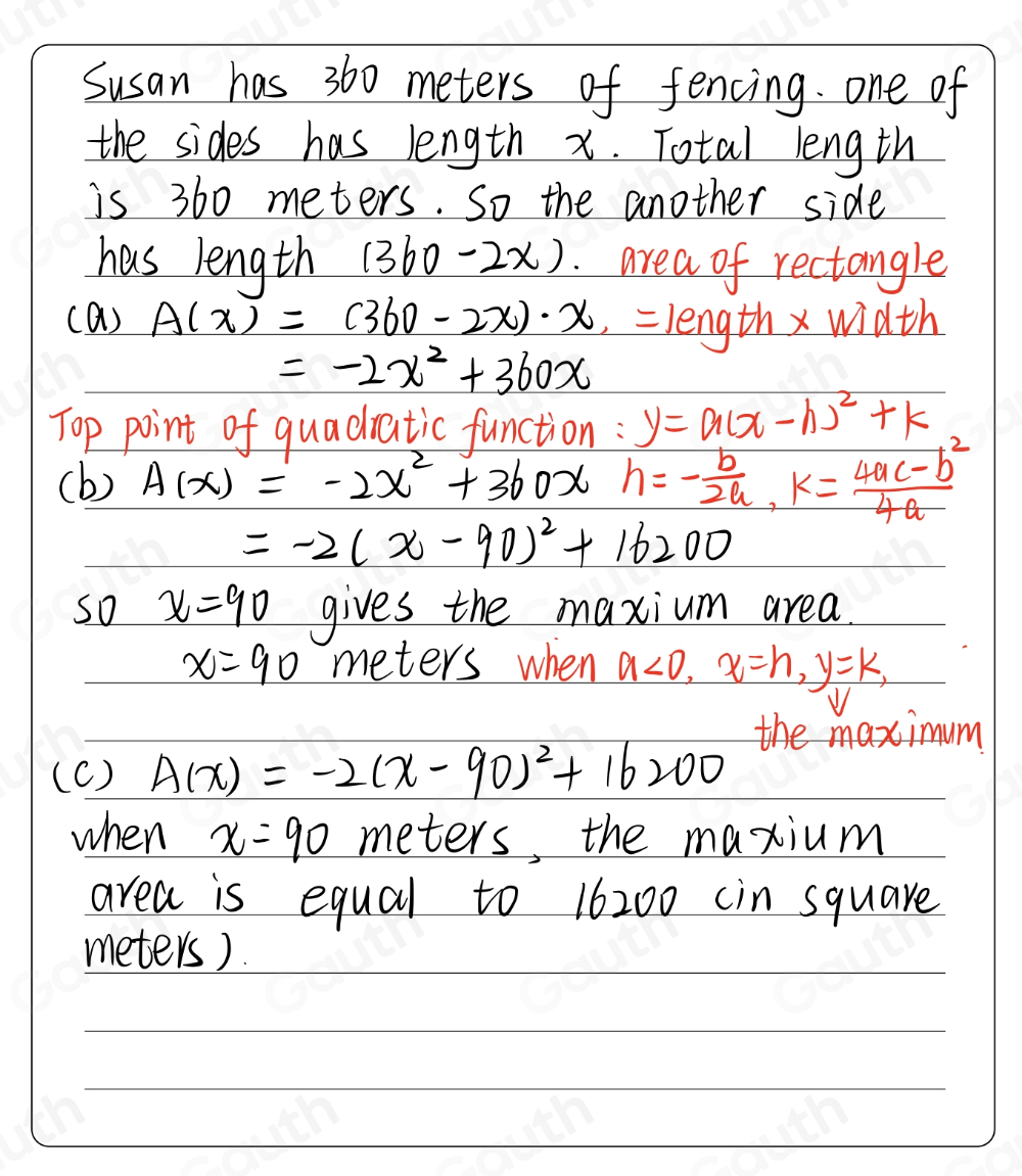 Solved: Susan has 360 meters of fencing and wishes to form three sides ...