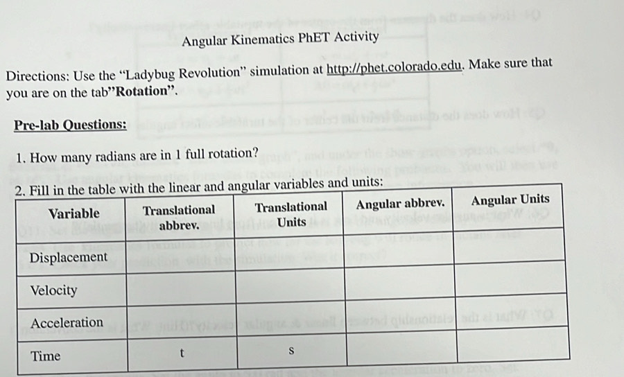 Solved: Angular Kinematics PhET Activity Directions: Use the “Ladybug ...