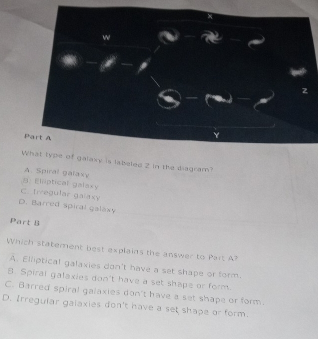 Solved: galaxy is labeled Z in the diagram? A. Spiral galaxy B ...