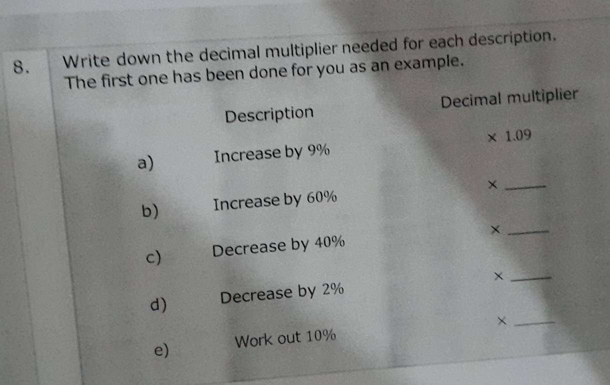 Solved: Write down the decimal multiplier needed for each description ...