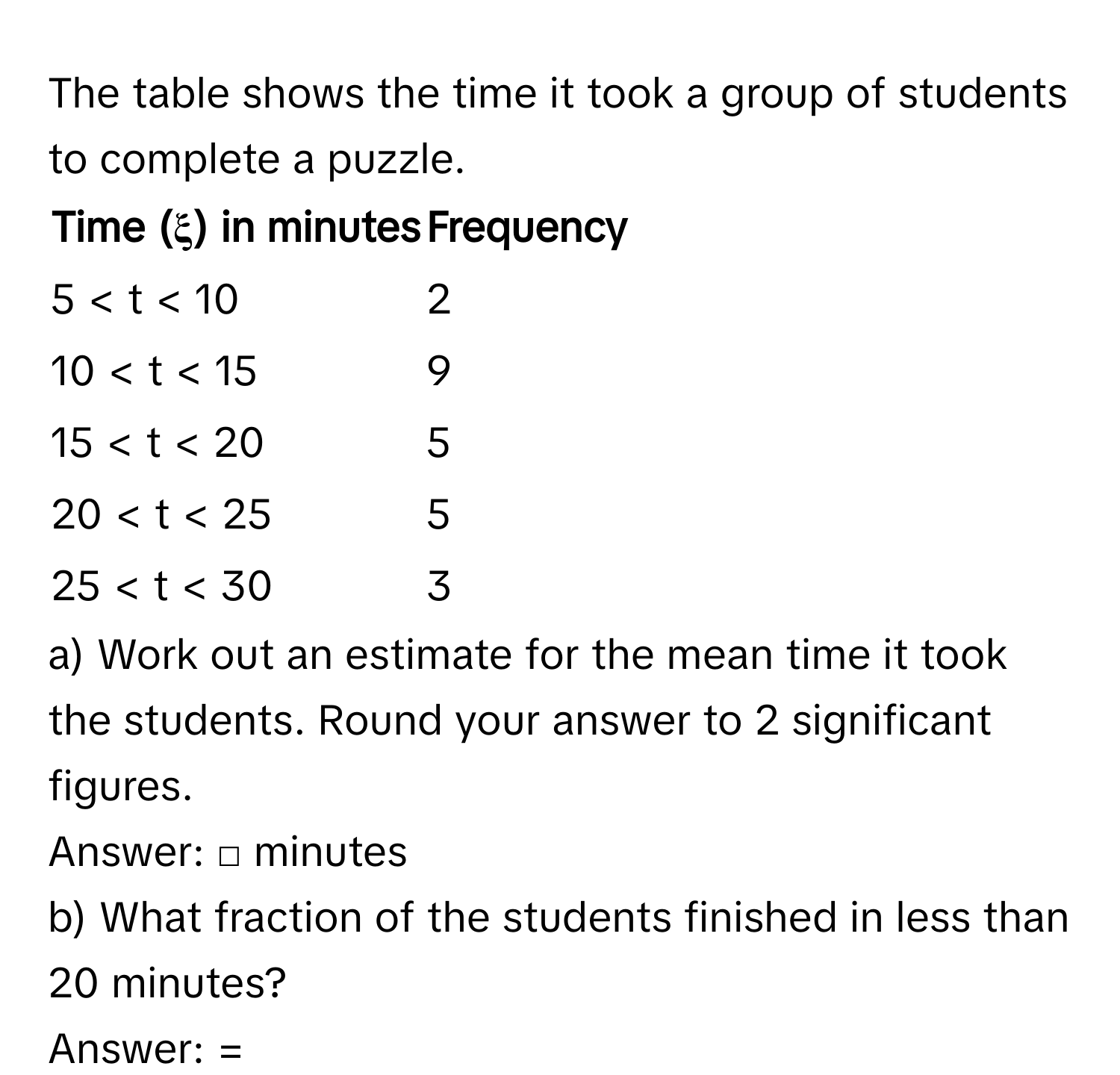 Solved: The table shows the time it took a group of students to ...
