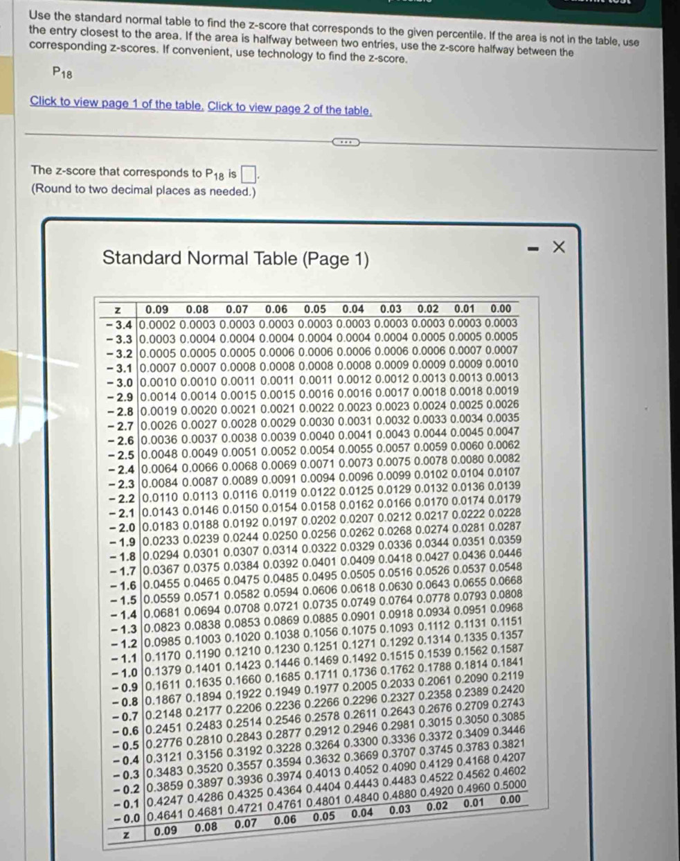 Solved: Use the standard normal table to find the z-score that ...