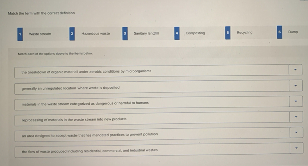 Solved: Match the term with the correct definition 1 Waste stream 2 ...