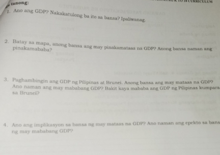 tanong: . Ano ang GDP? Nakakatulong ba ito sa bansa? Ipaliwanag 2 ...