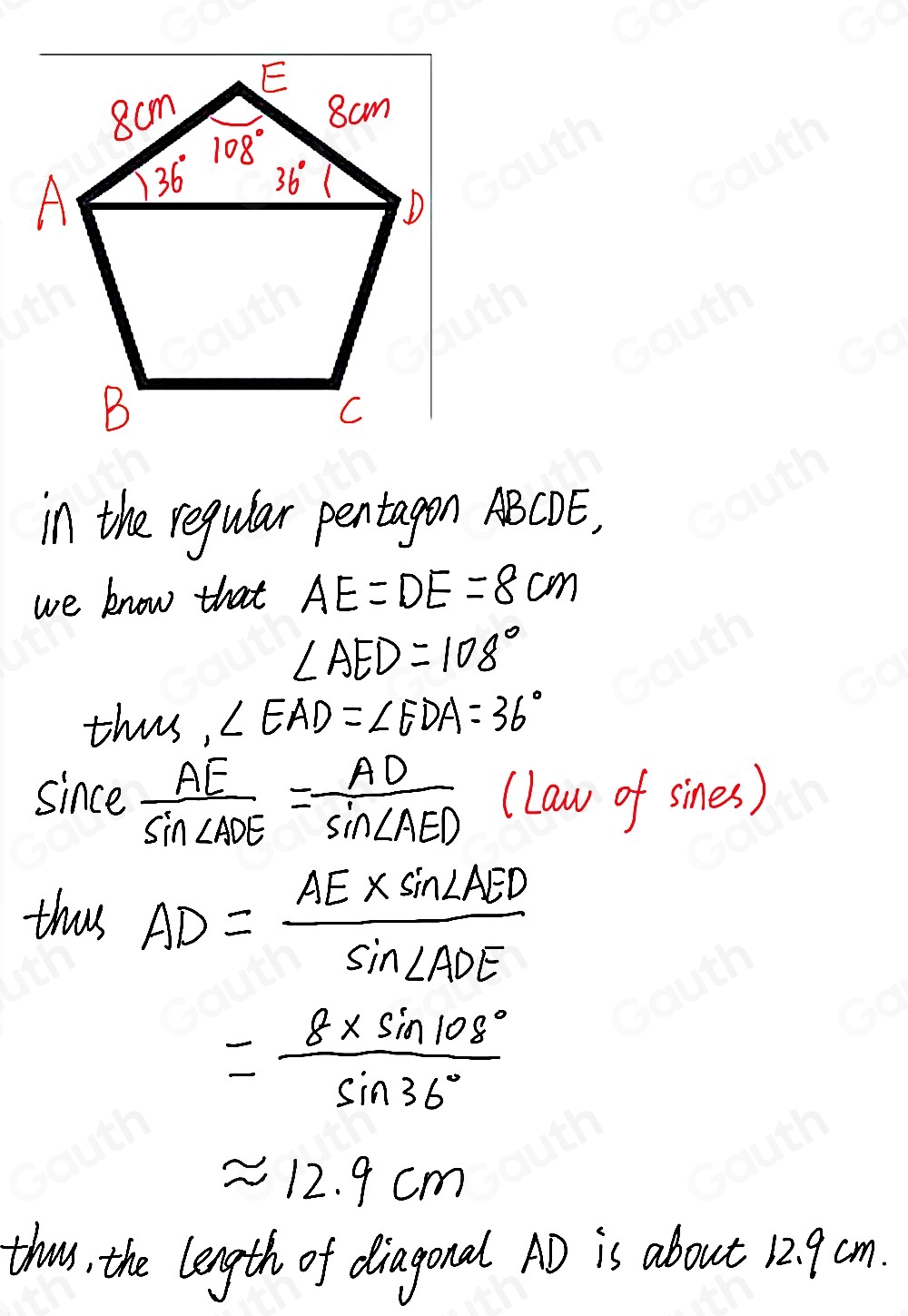 Solved: In a regular pentagon ABCDE with sides 8 cm, find the length of ...