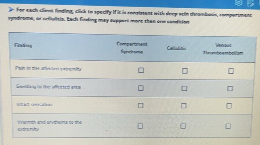 Solved: For each client finding, click to specify if it is consistent with deep vein thrombosis ...