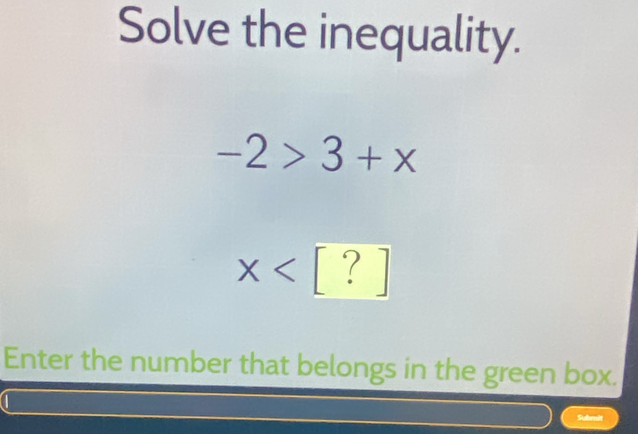 Solved: Solve the inequality. -2>3+x x Enter the number that belongs in ...