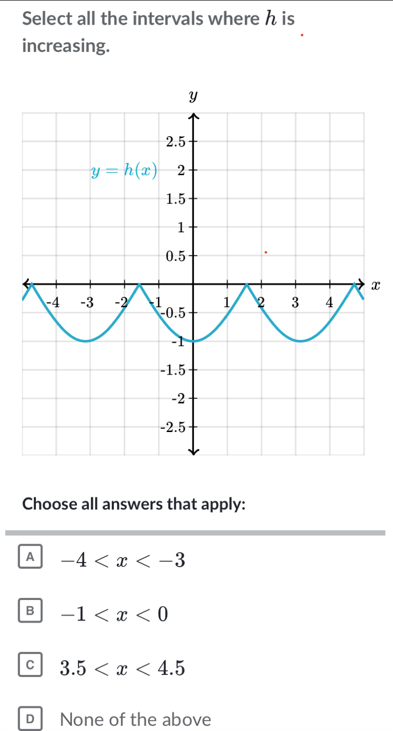 Solved: Select all the intervals where h is increasing. x Choose all answers that apply: A -4 B ...