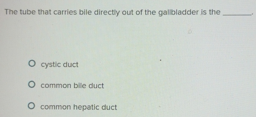 Resuelto:The tube that carries bile directly out of the gallbladder is ...