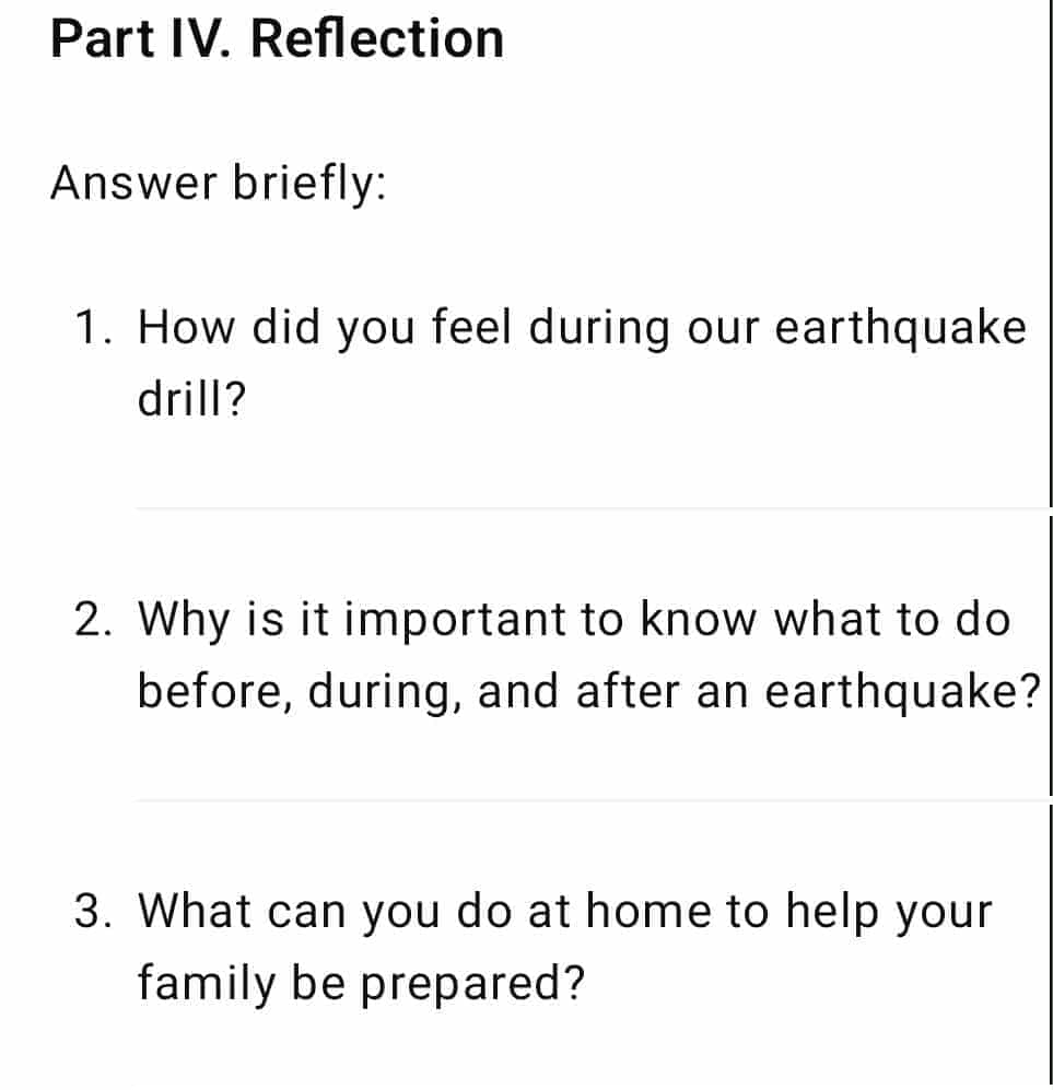 Solved: Part IV. Reflection Answer briefly: 1. How did you feel during our earthquake drill ...