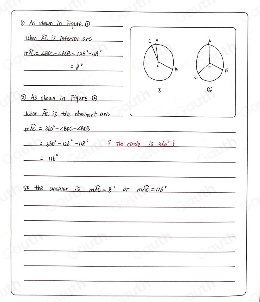 Solved: In circle O, m∠ AOB=118 and m∠ BOC=126. What is mwidehat AC ...