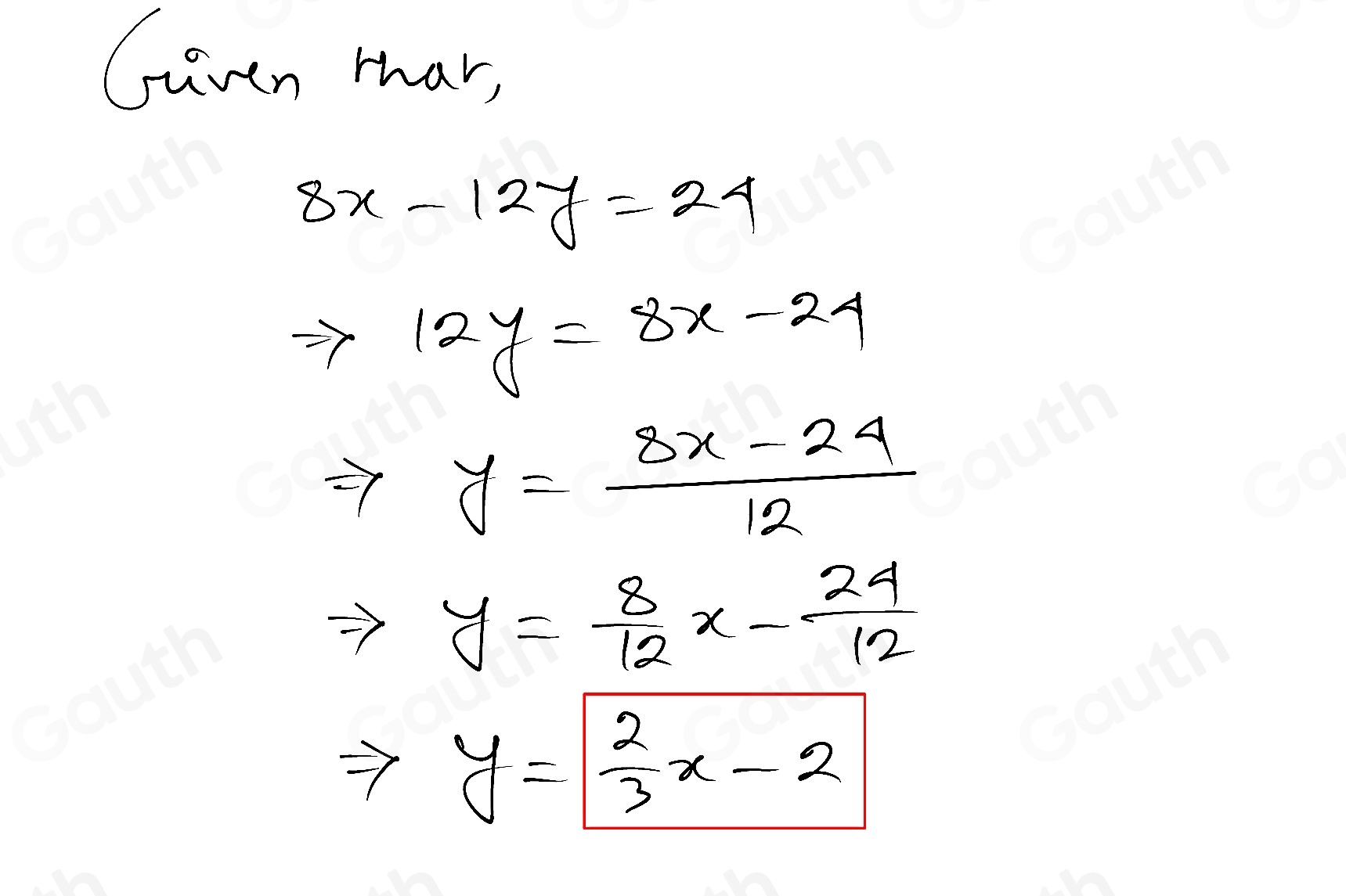 Solved: Solve the equation for y. 8x-12y=24 [Math]