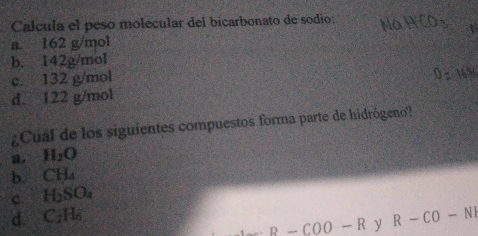 Resuelto:Calcula el peso molecular del bicarbonato de sodio: a. 162 g ...