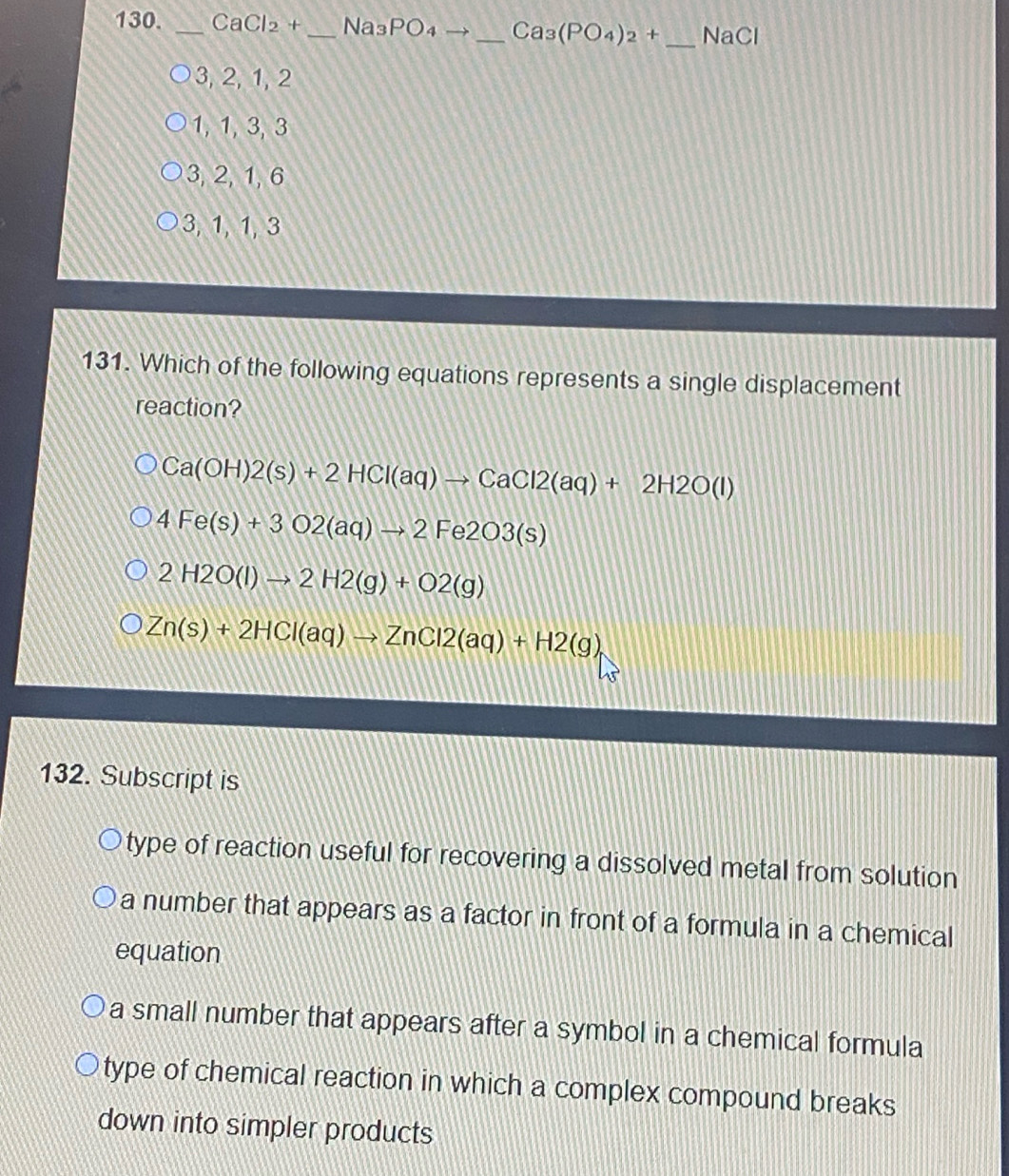 Solved: CaCl_2+ _ Na₃PO₄ → _ Ca_3(PO_4)_2+ _ NaCl 3, 2, 1, 2 1, 1, 3, 3 ...