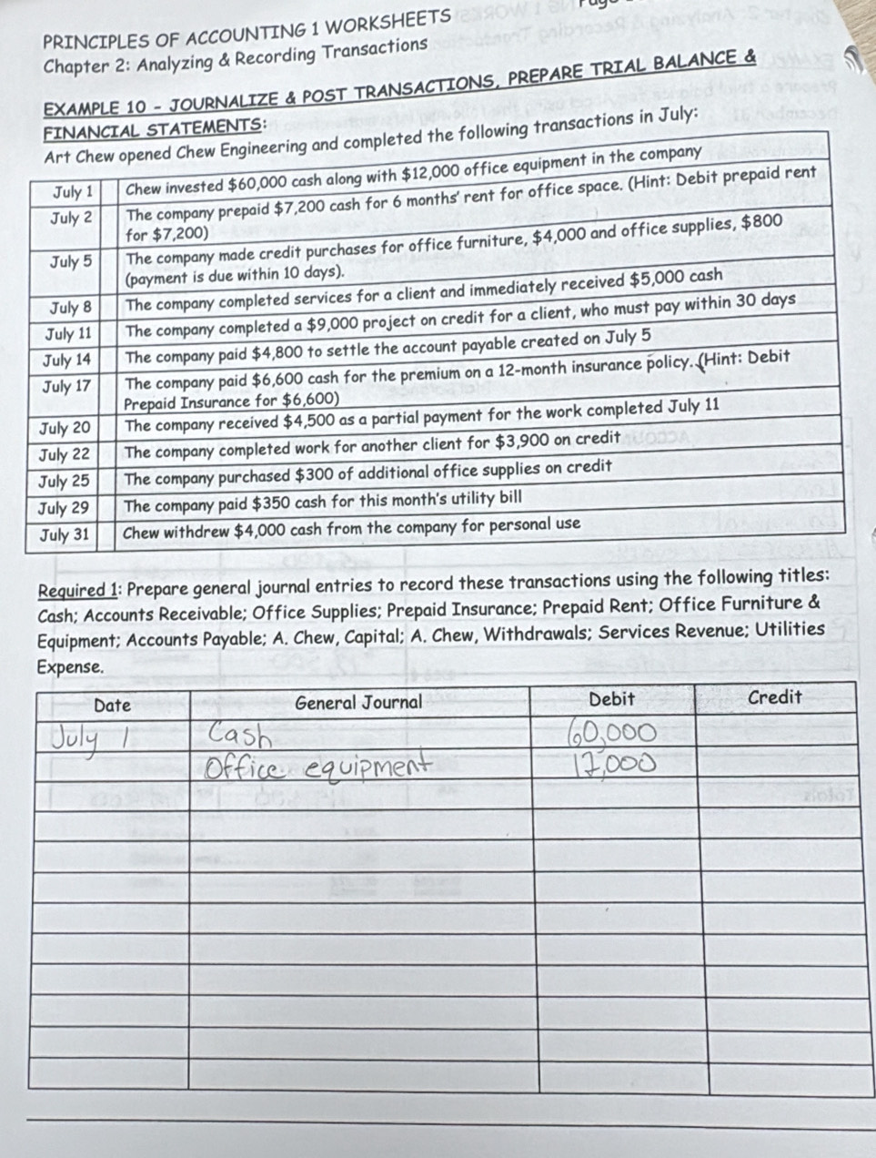Solved: PRINCIPLES OF ACCOUNTING 1 WORKSHEETS Chapter 2: Analyzing ...