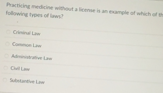 Solved: Practicing medicine without a license is an example of which of ...