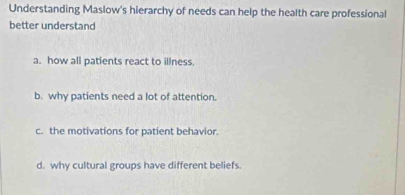 Solved: Understanding Maslow's hierarchy of needs can help the health ...