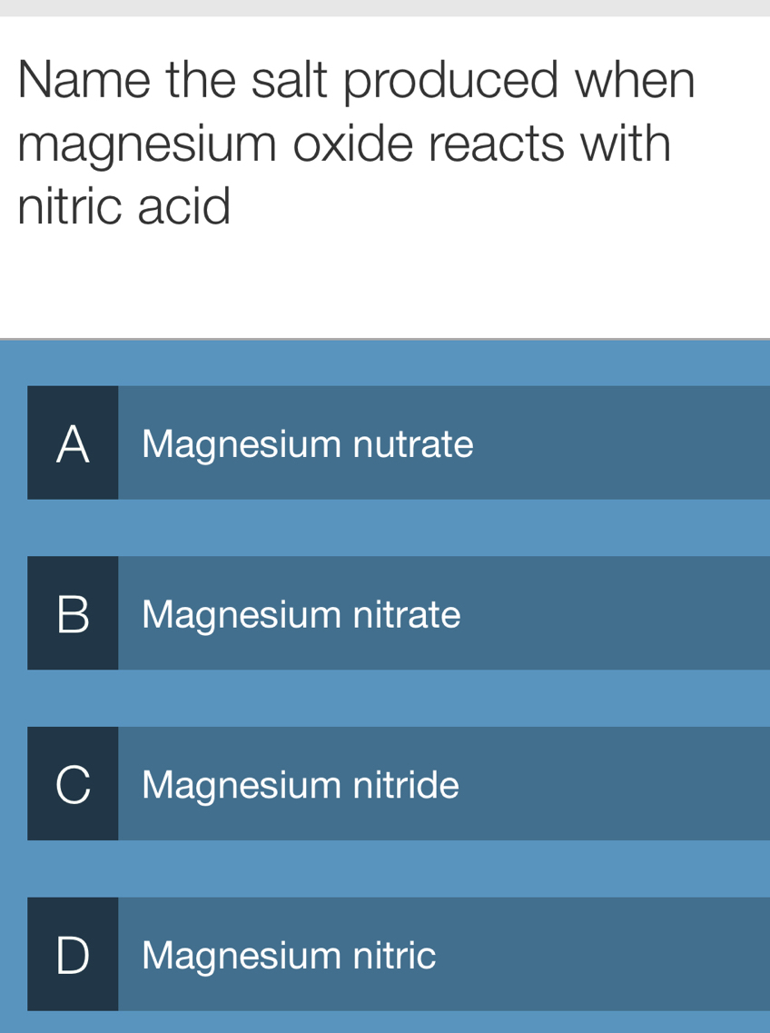 Solved: Name the salt produced when magnesium oxide reacts with nitric ...
