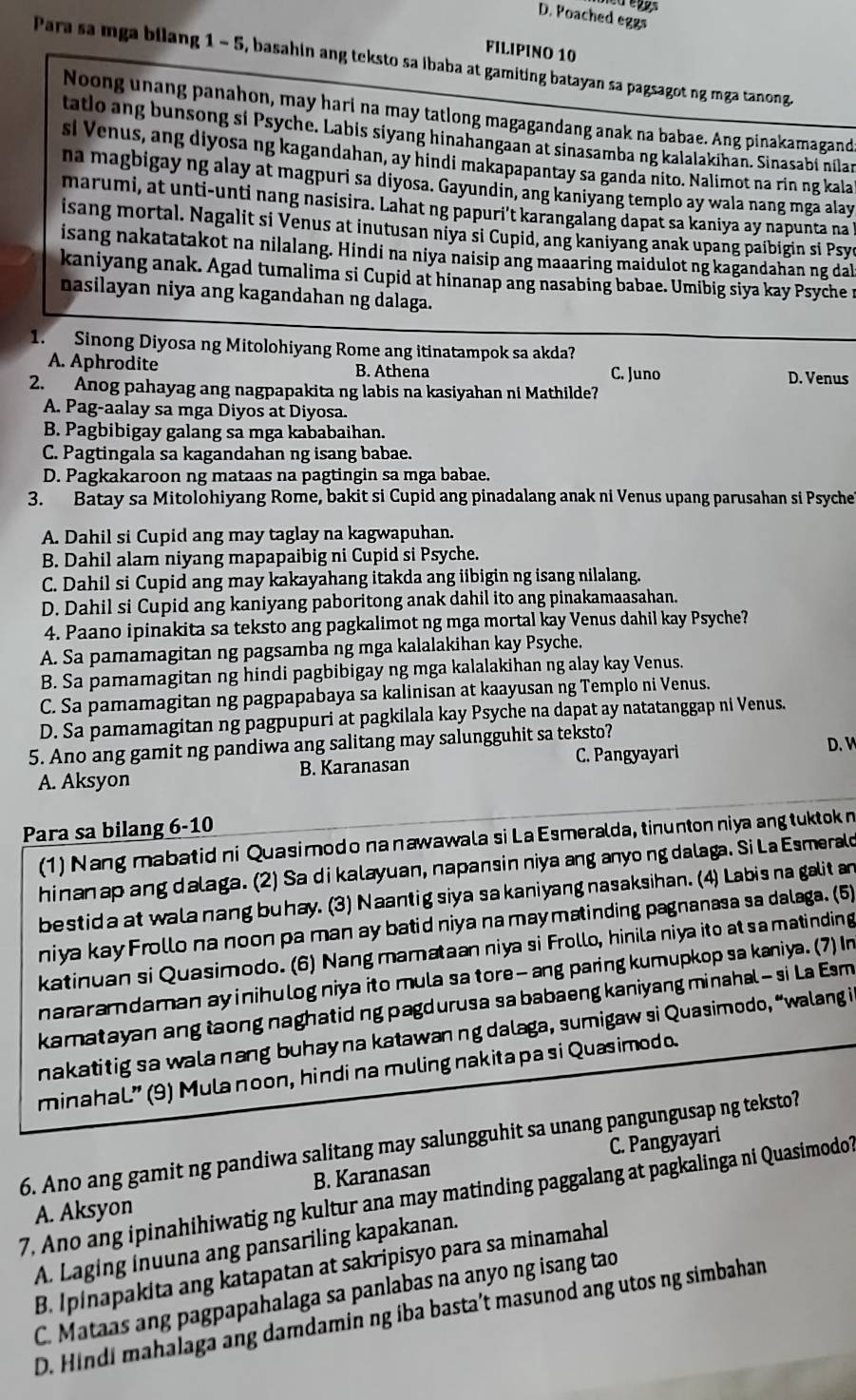 Solved: Poached eggs FILIPINO 10 Para sa mga bilang 1 - 5, basahin ang ...