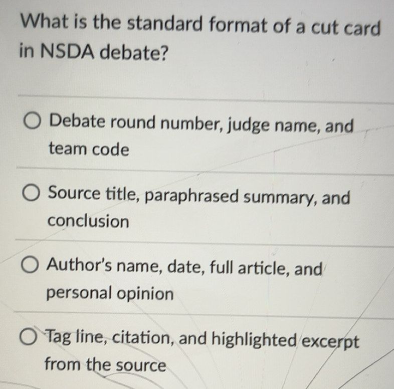 Solved: What is the standard format of a cut card in NSDA debate ...
