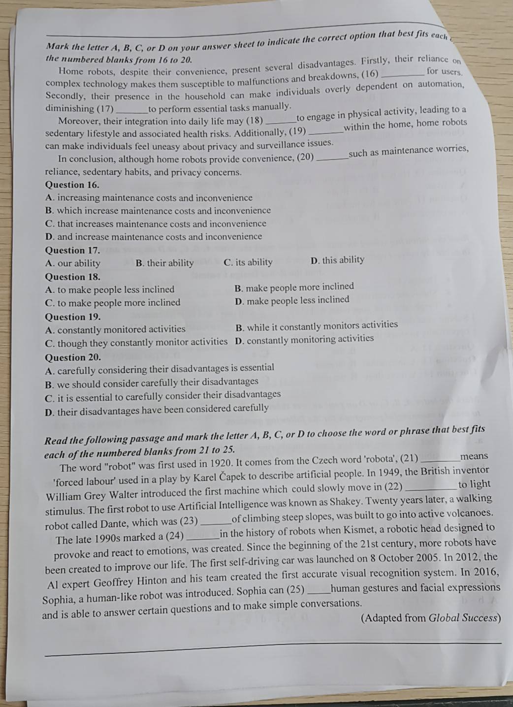 Giải quyết:Mark the letter A, B, C, or D on your answer sheet to ...