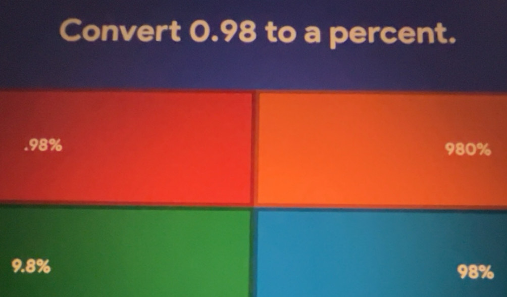 Solved: Convert 0.98 to a percent.. 98% 980% 9.8% 98% [Math]