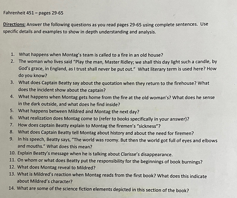 Solved: Fahrenheit 451 - pages 29-65 Directions: Answer the following ...