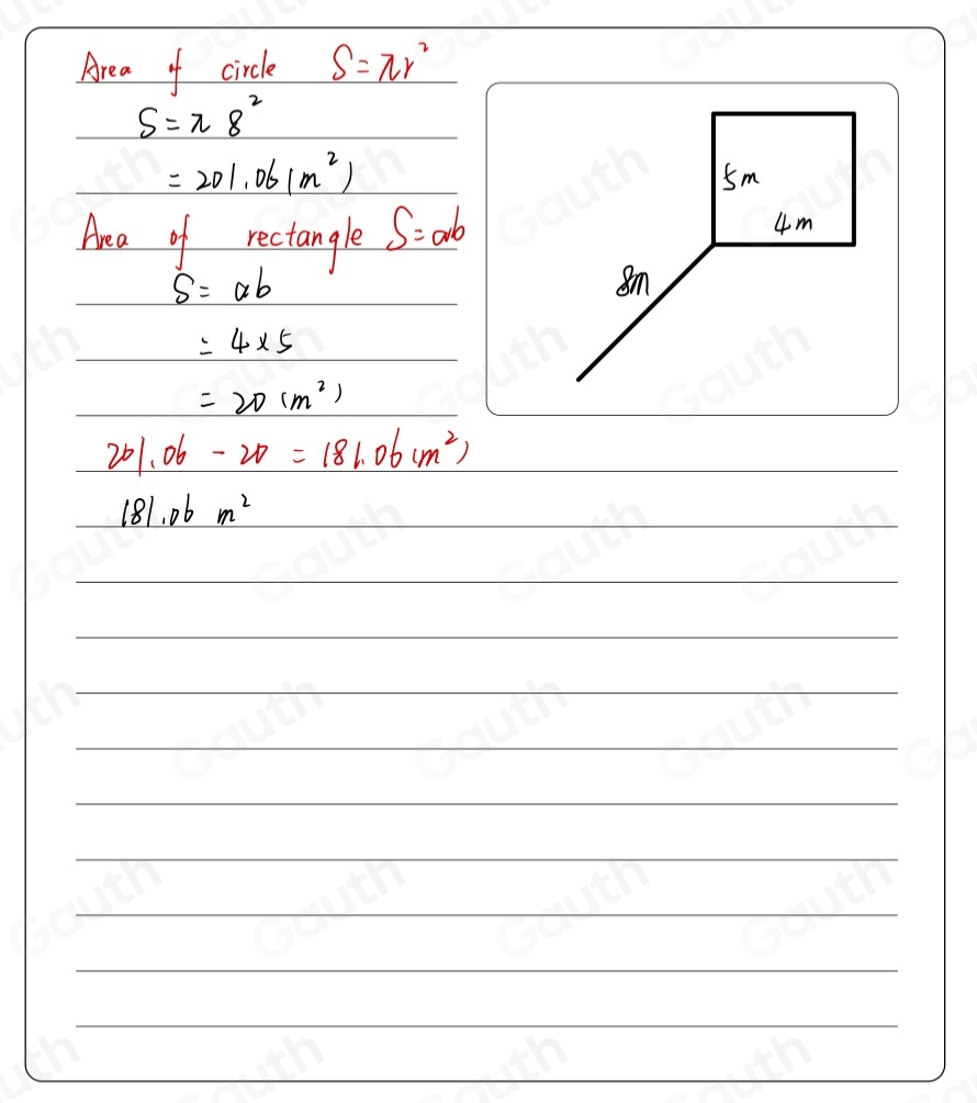 Solved: A goat is tied to the corner of a 5m x 4m shed by an 8-metre ...
