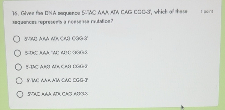Solved: Given the DNA sequence 5'-TAC AAA ATA CAG CGG-3', which of ...