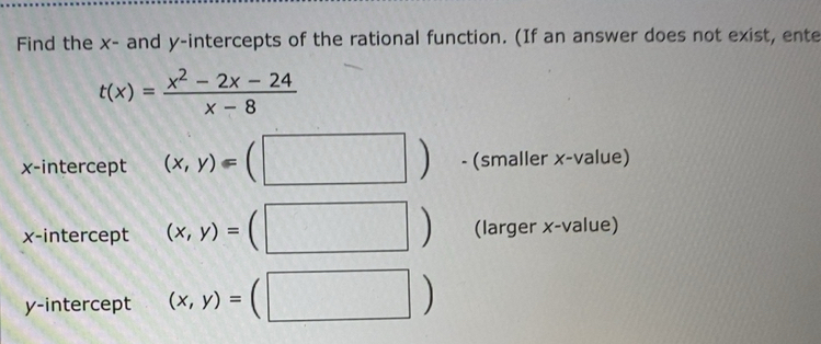Solved: Find the x - and y-intercepts of the rational function. (If an ...