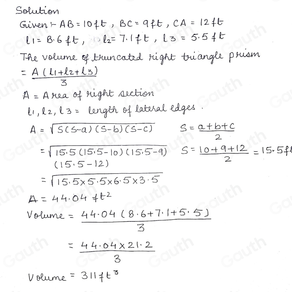 Solved: Determine the volume of a right truncated prism with the ...