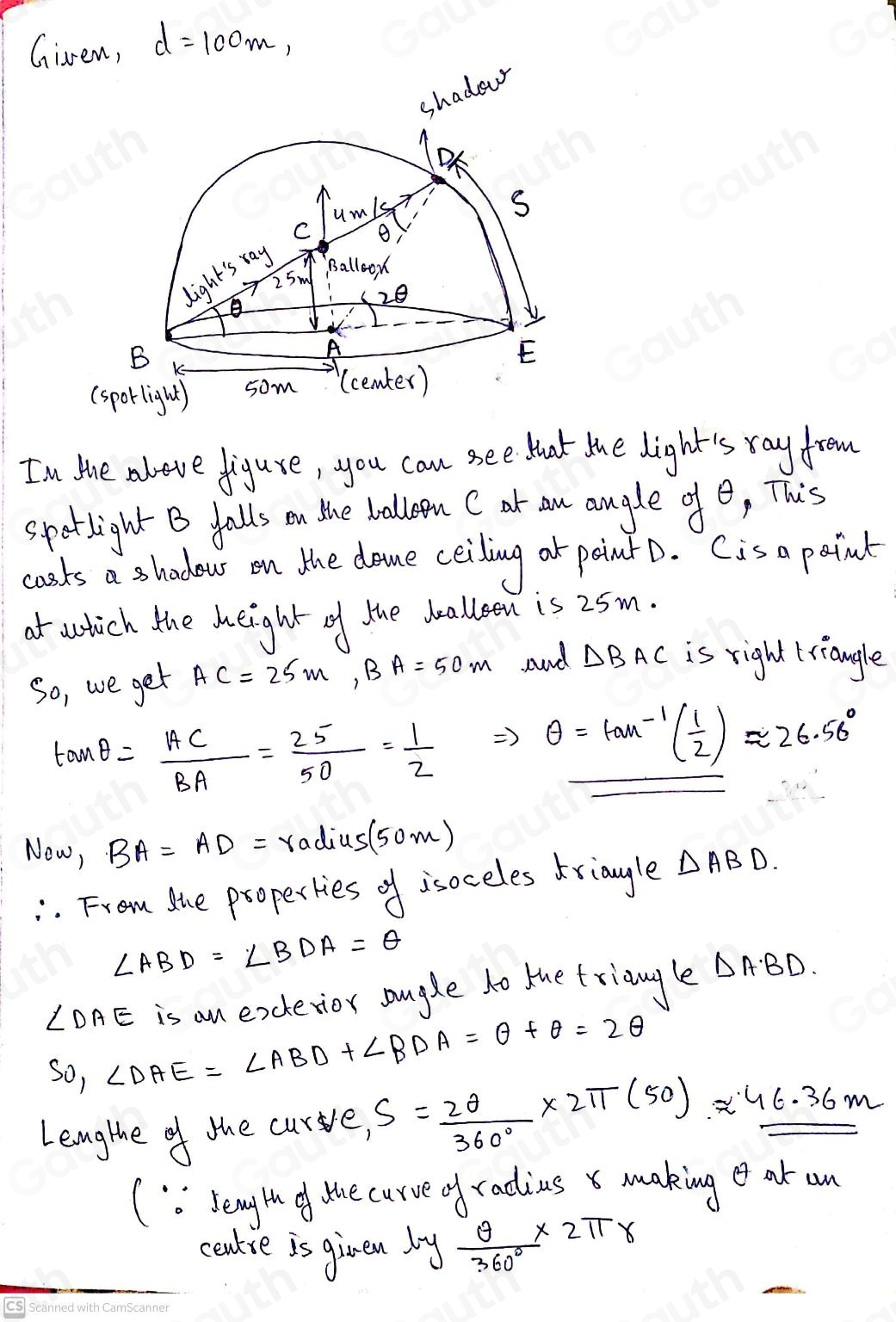 Résolu :A hemispherical dome has a diameter of 100 m. A searchlight was ...