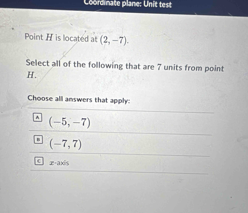 Solved: Coordinate plane: Unit test Point H is located at (2,-7 ...