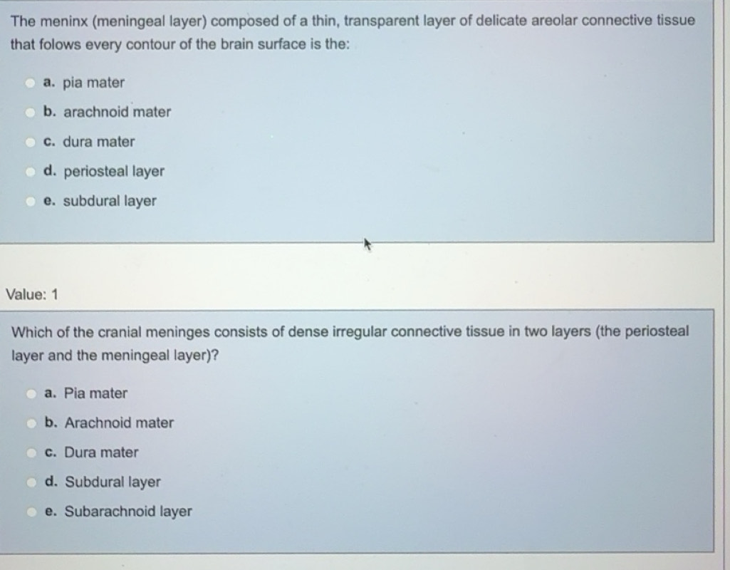 Solved: The meninx (meningeal layer) composed of a thin, transparent ...
