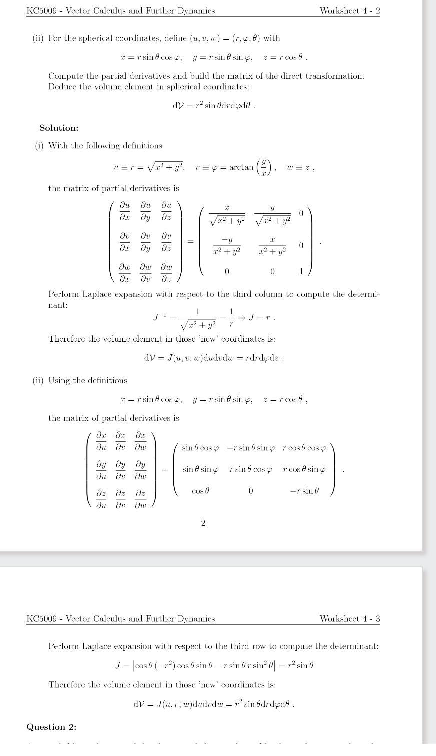 Solved: KC5009 - Vector Calculus and Further Dynamics Worksheet 4 - 2 (ii) For the spherical ...