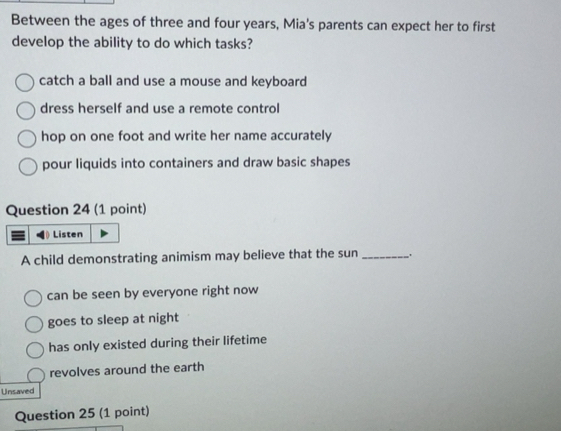 Solved: Between the ages of three and four years, Mia's parents can ...