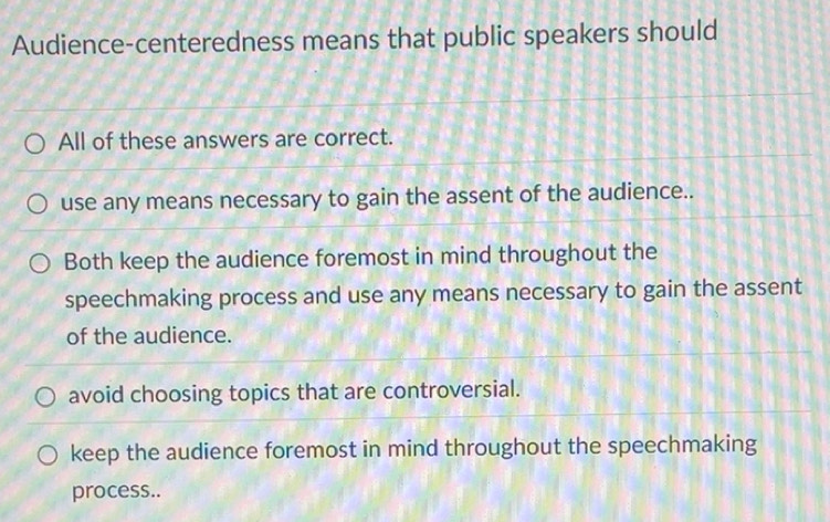 Solved: Audience-centeredness means that public speakers should All of ...