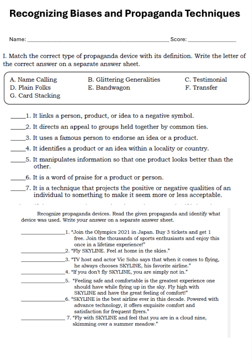 Solved: Recognizing Biases and Propaganda Techniques Name: _Score:_ I ...