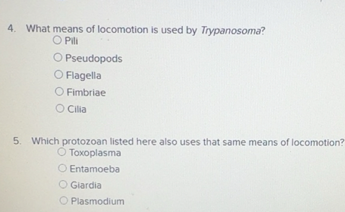Solved: What means of locomotion is used by Trypanosoma? Pili ...