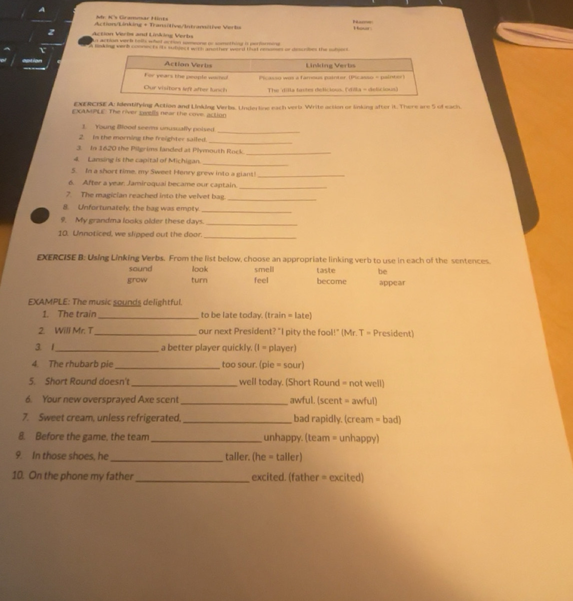 Solved: Mr. K× Grammar Hints Name Action/Linking + Transitive ...