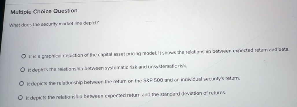 Solved: Question What does the security market line depict? It is a ...