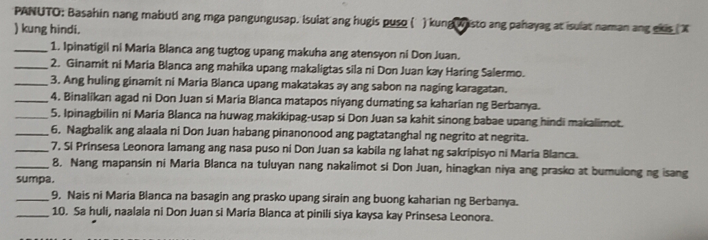 Solved: PANUTO: Basahin nang mabuti ang mga pangungusap. Isulat ang ...