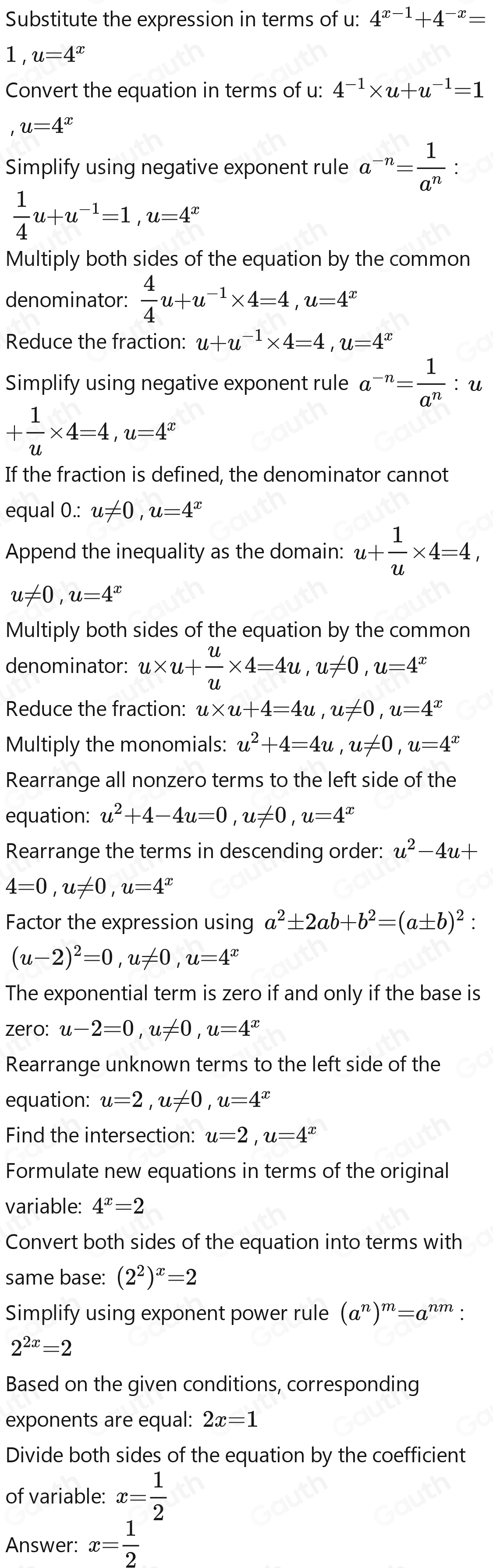 Solved: 4^(x-1)+4^(-x)=1 [Math]