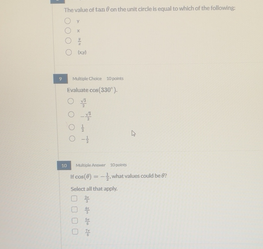 Solved: The value of tan θ on the unit circle is equal to which of the ...