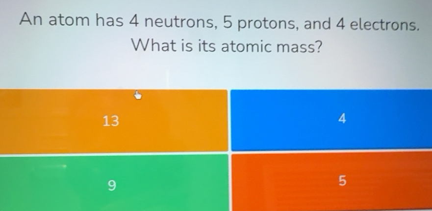Solved: An atom has 4 neutrons, 5 protons, and 4 electrons. What is its ...